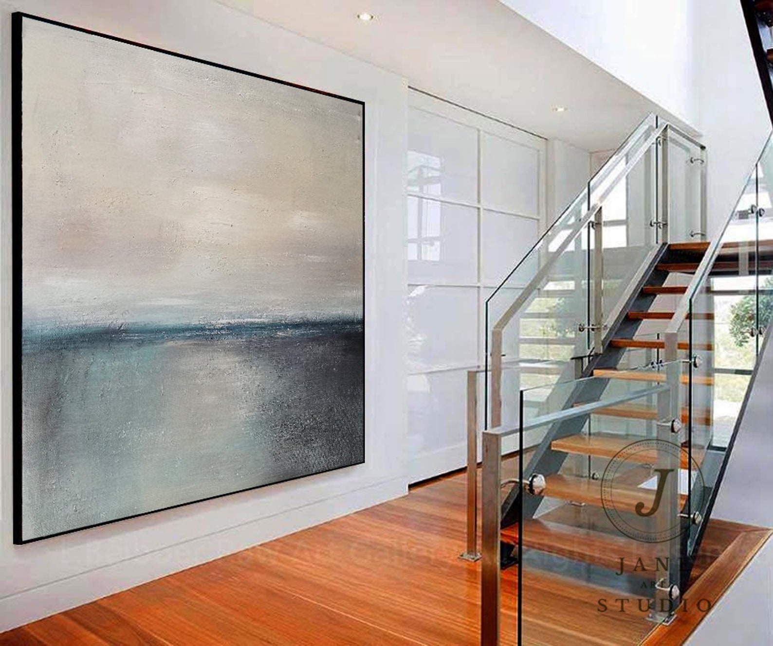Original Sea Abstract Painting,green Ocean Landscape Painting,gray Sky ...