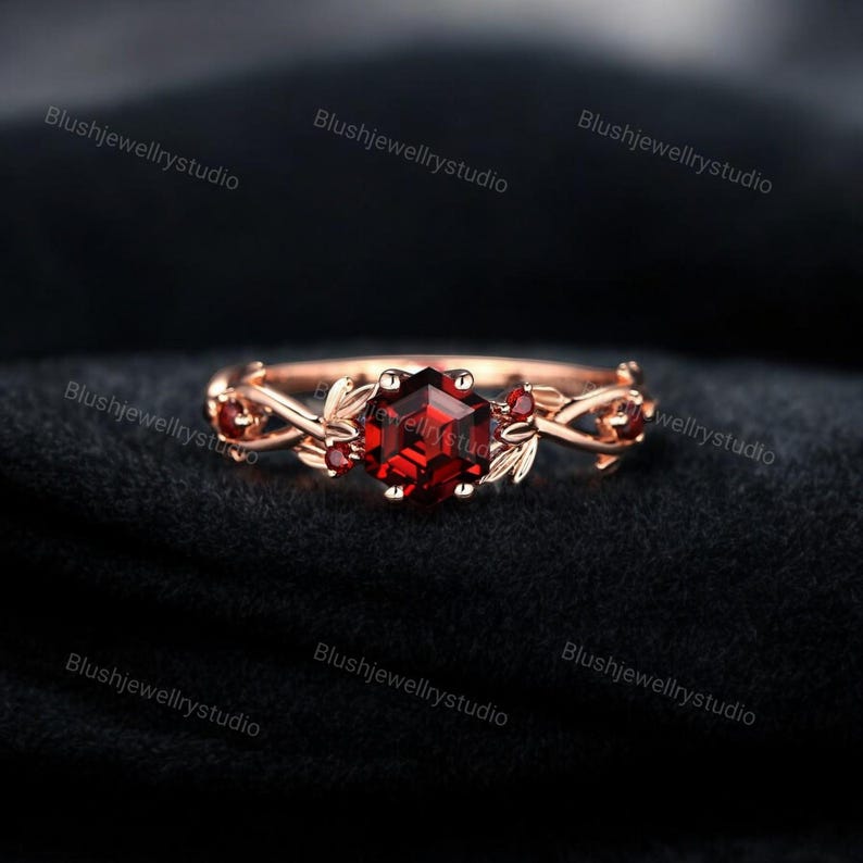 Vintage Hexagon Cut Garnet Leaf Engagement Ring, Dainty Twig Promise ...