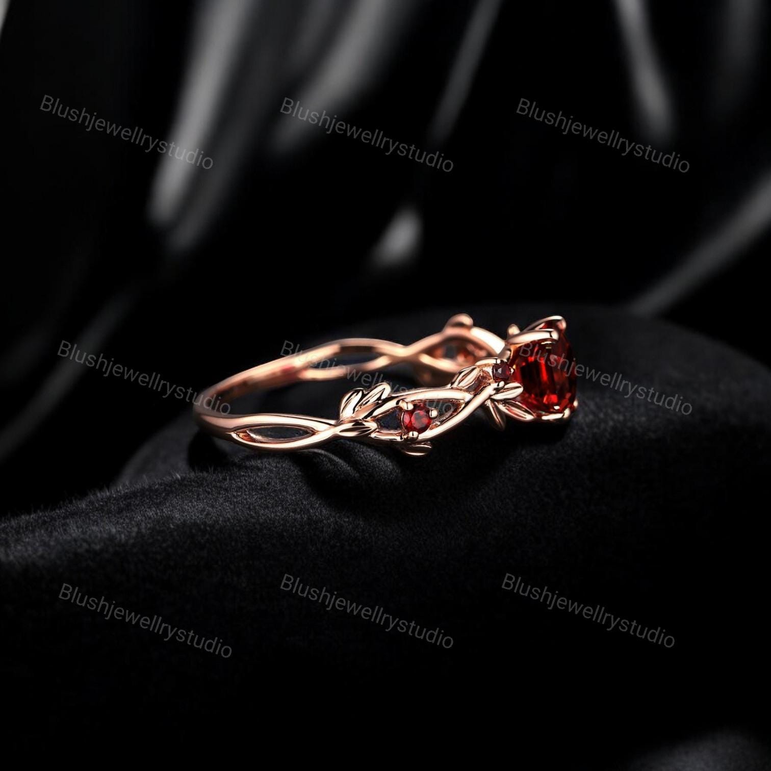 Vintage Hexagon Cut Garnet Leaf Engagement Ring, Dainty Twig Promise ...