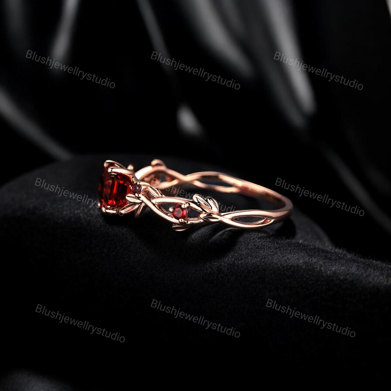 Vintage Hexagon Cut Garnet Leaf Engagement Ring, Dainty Twig Promise ...