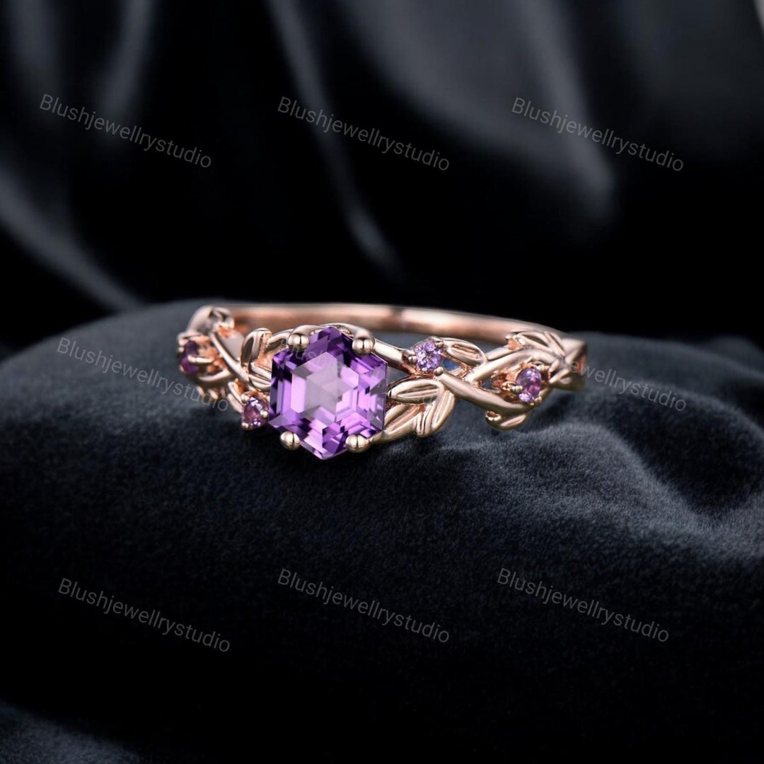 Vintage Hexagon Cut Amethyst Leaf Engagement Ring, Dainty Twist Branch ...