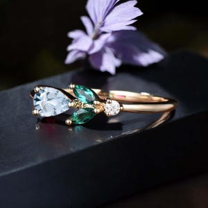 Aquamarine Proposal Ring, Marquise Emerald Dainty Flower Promise Ring ...