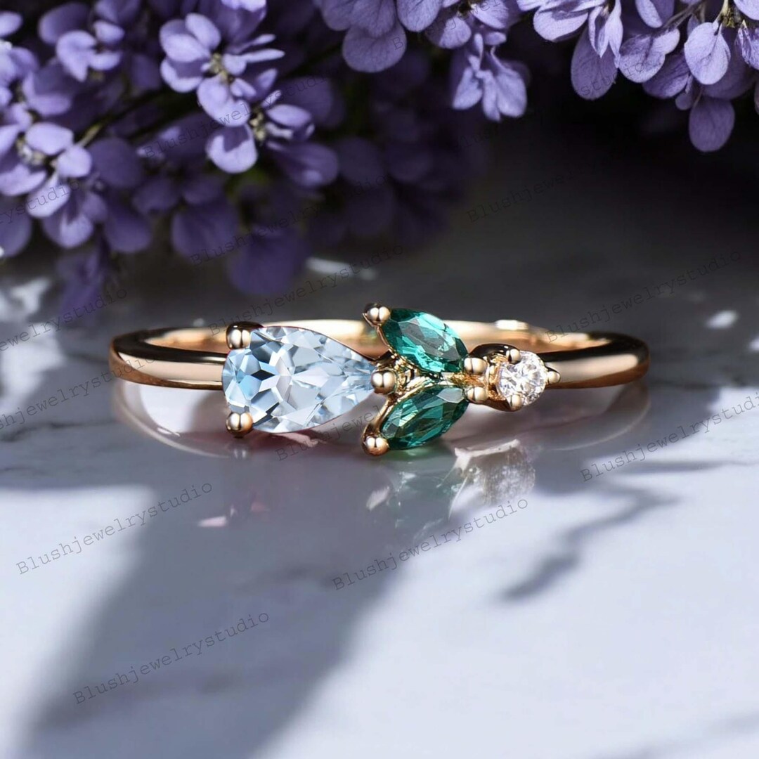 Aquamarine Proposal Ring, Marquise Emerald Dainty Flower Promise Ring ...