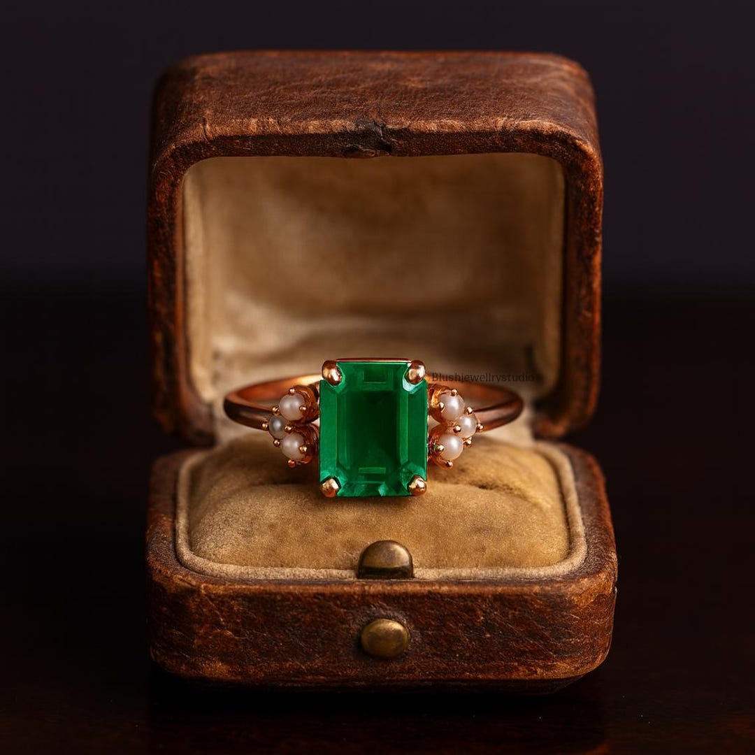 Vintage Emerald Engagement Ring Art Deco Wedding Rings for Women 14k ...