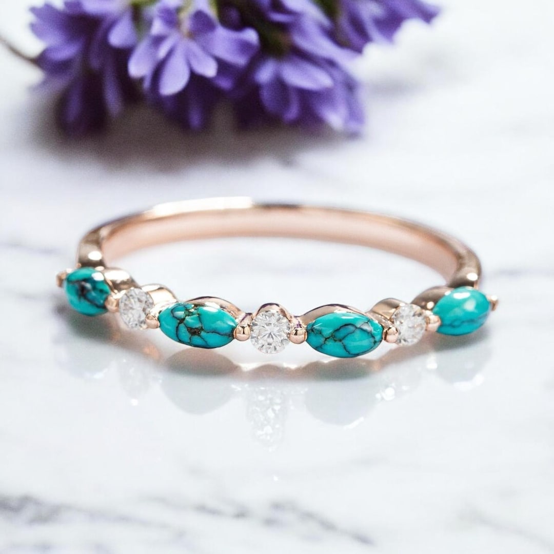 Turquoise Wedding Band Women Vintage Moissanite Half Eternity White ...