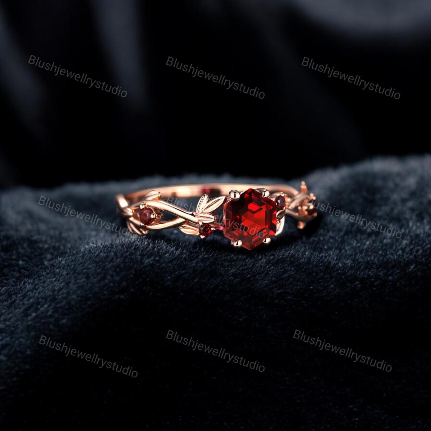 Vintage Hexagon Cut Garnet Leaf Engagement Ring, Dainty Twig Promise ...