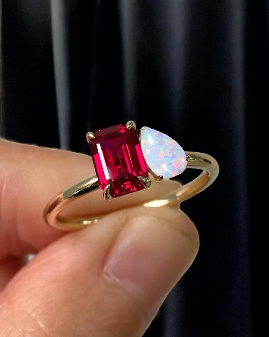 Ruby and Opal Toi Et Moi Ring, You & Me 2 Stone Engagement Ring 14k Emerald and Pear Cut ...