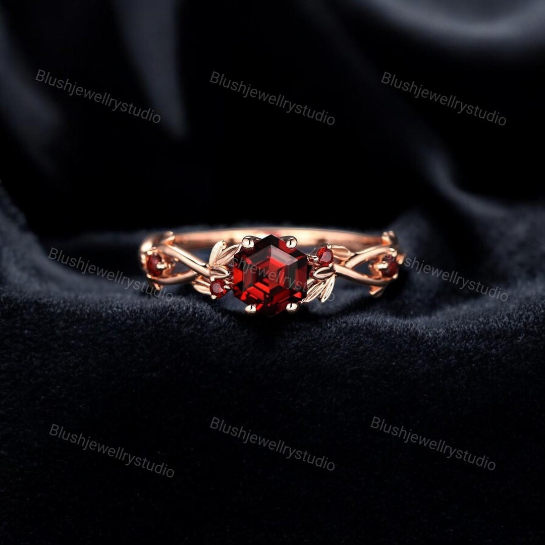Vintage Hexagon Cut Garnet Leaf Engagement Ring, Dainty Twig Promise ...