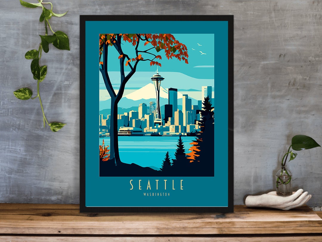 Seattle Skyline Art Print, Space Needle Vector Graphic (digital ...