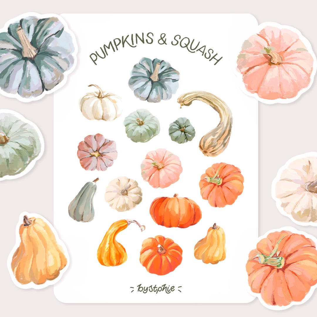 Pumpkin and Squash Sticker Sheet | Illustrated Gourds | Cute Autumnal ...