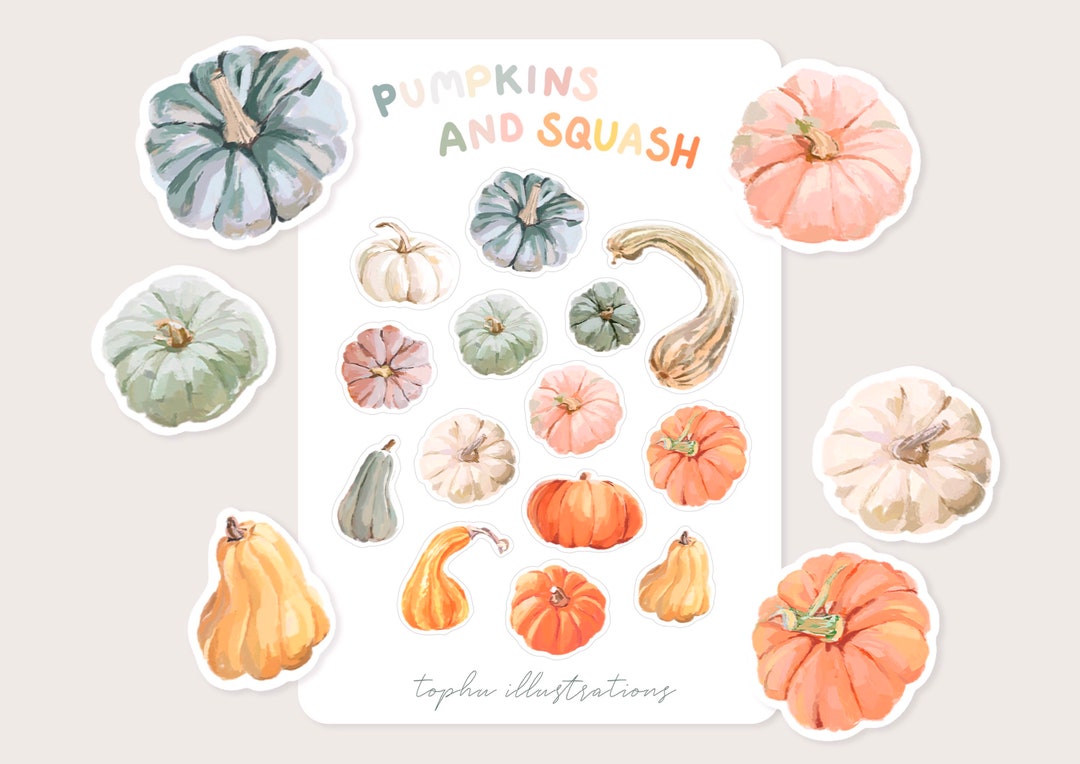 Pumpkin and Squash Sticker Sheet Illustrated Gourds Cute Autumnal ...