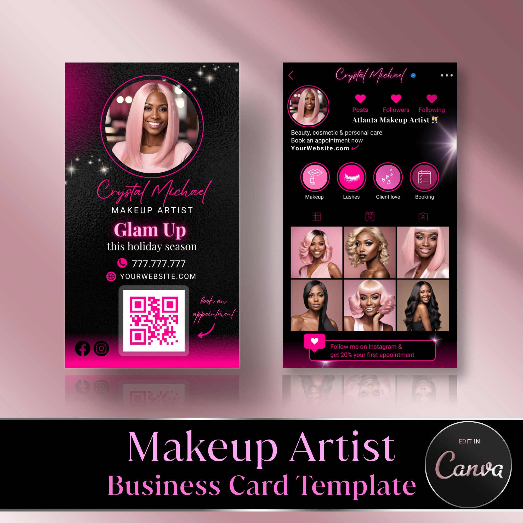 Makeup Artist Business Card, QR Code Canva Template, MUA Electronic ...