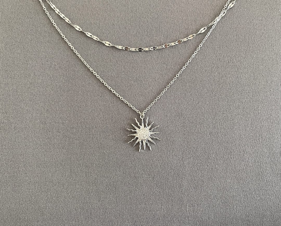 Silver Color Layered Sun Pendant Necklace, Silver Plated Pendant With ...