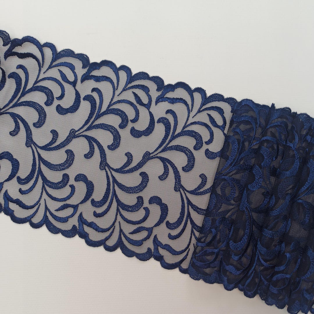 Navy Swirls on Black Mesh Embroidered Lace Trim, Transparent Lingerie ...