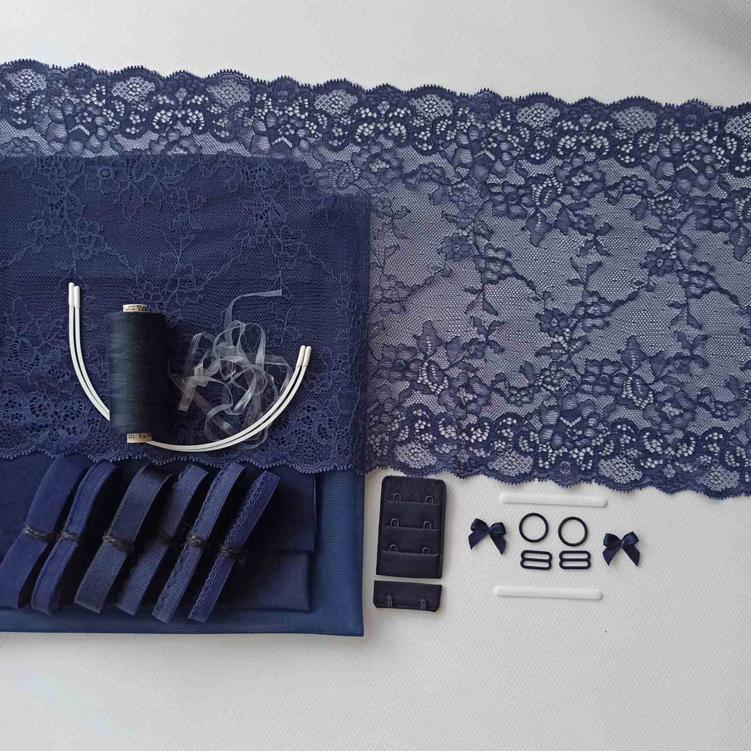 Bra & Panty Sewing Kit, Lingerie Sewing Kit, Stretch Navy Floral Lace ...