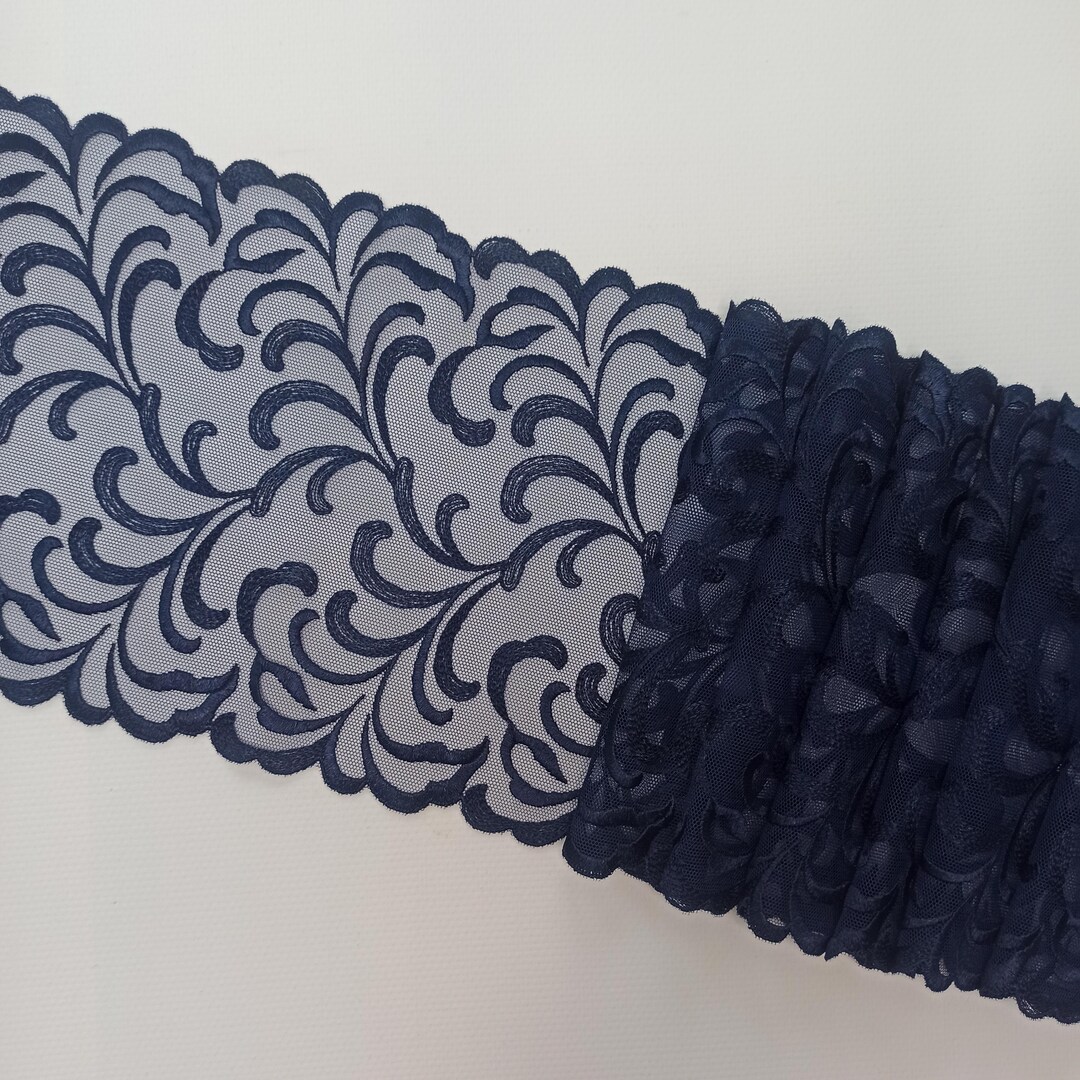 Navy Swirls Embroidered Lace Trim, Transparent Lingerie Lace, Non ...