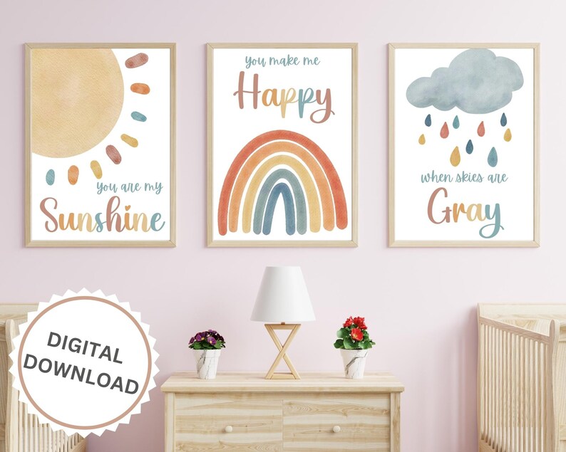 Watercolor Boho Rainbow Nursery Wall Art Set of 3 - You Are My Sunshine ...