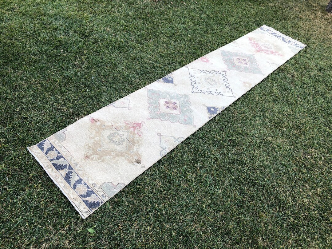 Green Vintage Runner, Beige Oushak Rug, Long Turkish Runner, 13 Ft ...