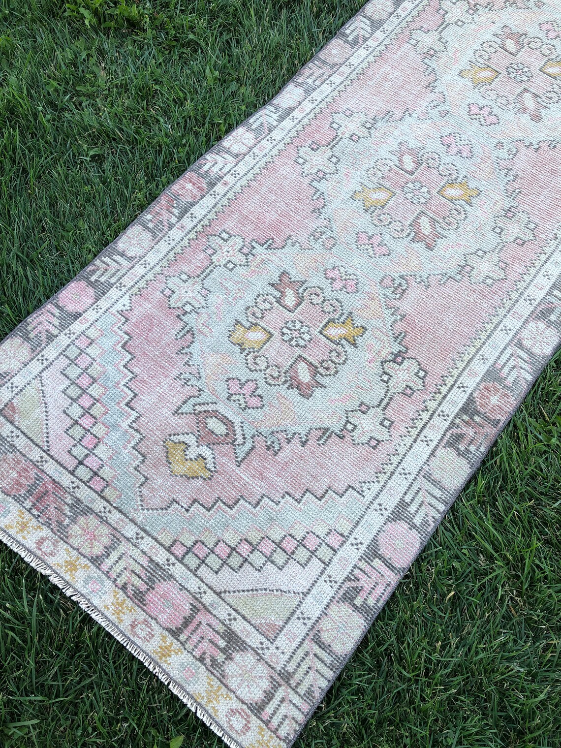 Pink Turkish Runner 3x9 Vintage Rug Green Oushak Runner - Etsy