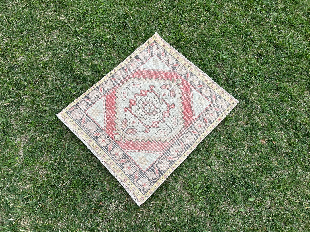 Small Vintage Rug, Square Bathroom Rug, Mini Oushak Rug, Turkish Door ...