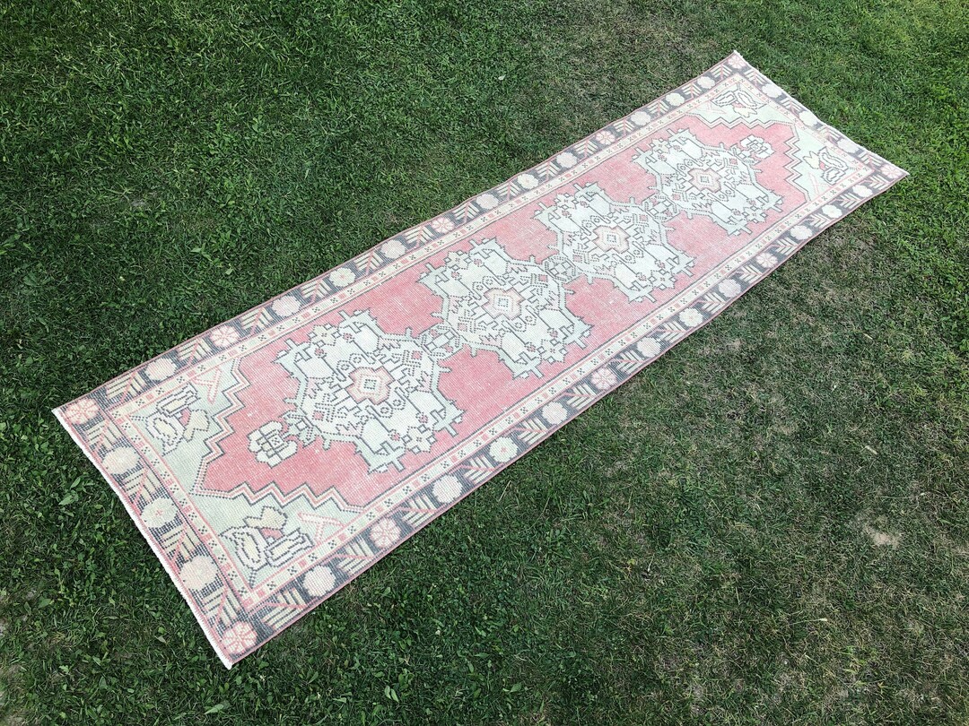 Turkish Pink Runner, Oushak Runner 3x9, Vintage Rug Runner, Green ...