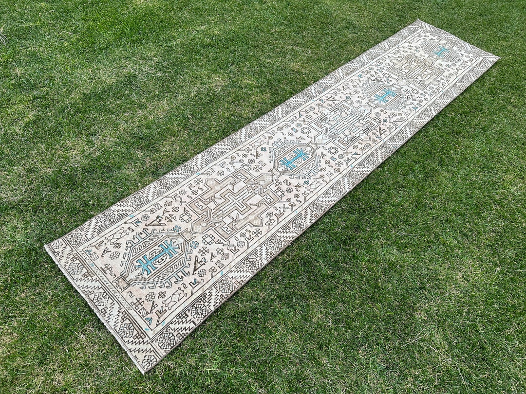 3x14 Runner Rug, Neutral Moroccan Rug, Blue Turkish Runner, Long ...