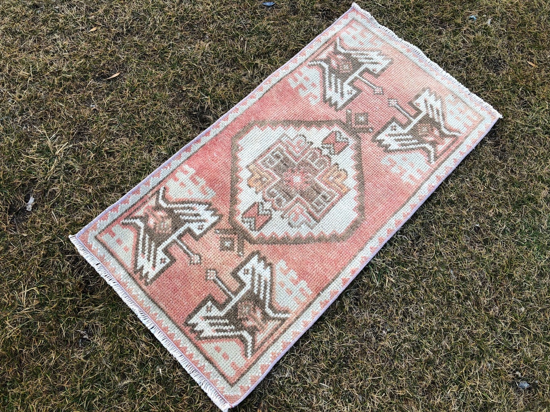 Turkish Rug Bath Mat, Red Cream Oushak Art Rug for Kitchen, Vintage ...