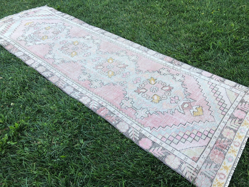Pink Turkish Runner 3x9 Vintage Rug Green Oushak Runner - Etsy