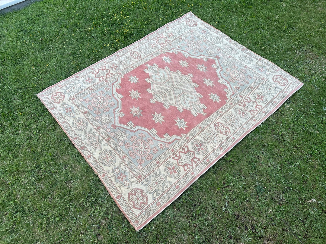 Large Vintage Rug, Oushak Area Rug, 6x7 Rug, Turkish Rug Red, Wide ...