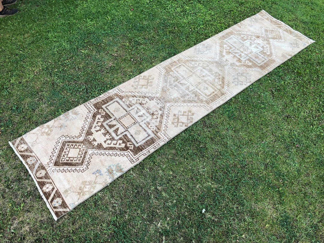 Narrow Oushak Runner, Vintage Rug Neutral, Turkish Runner Brown, Rustic ...