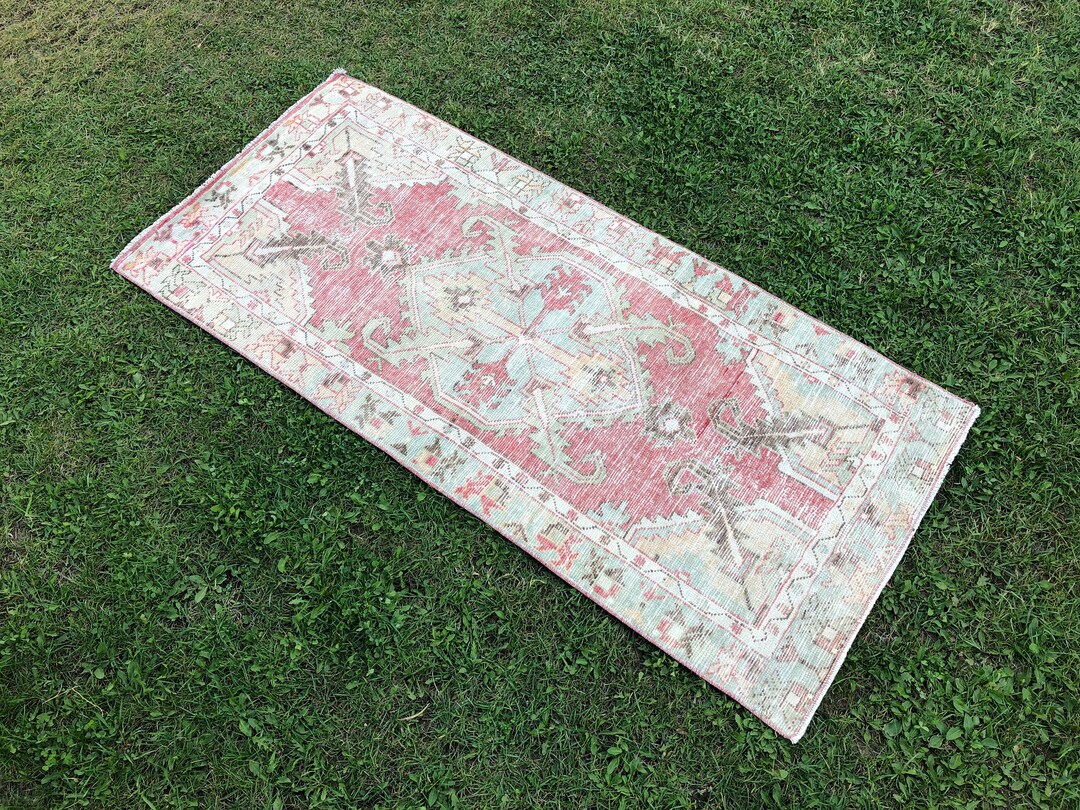 3x6 Oushak Runner, Vintage Area Rug, Turkish Entry Rug, Pink Green Rug ...