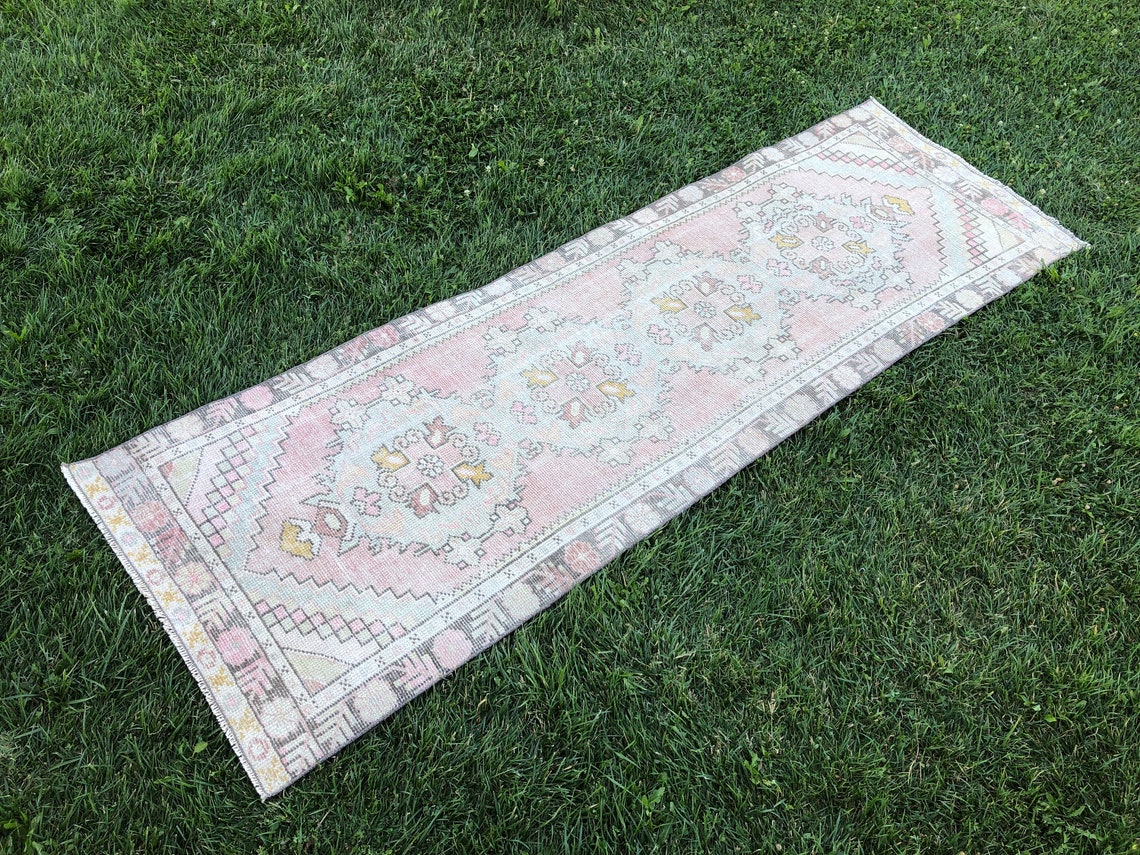 Pink Turkish Runner 3x9 Vintage Rug Green Oushak Runner - Etsy