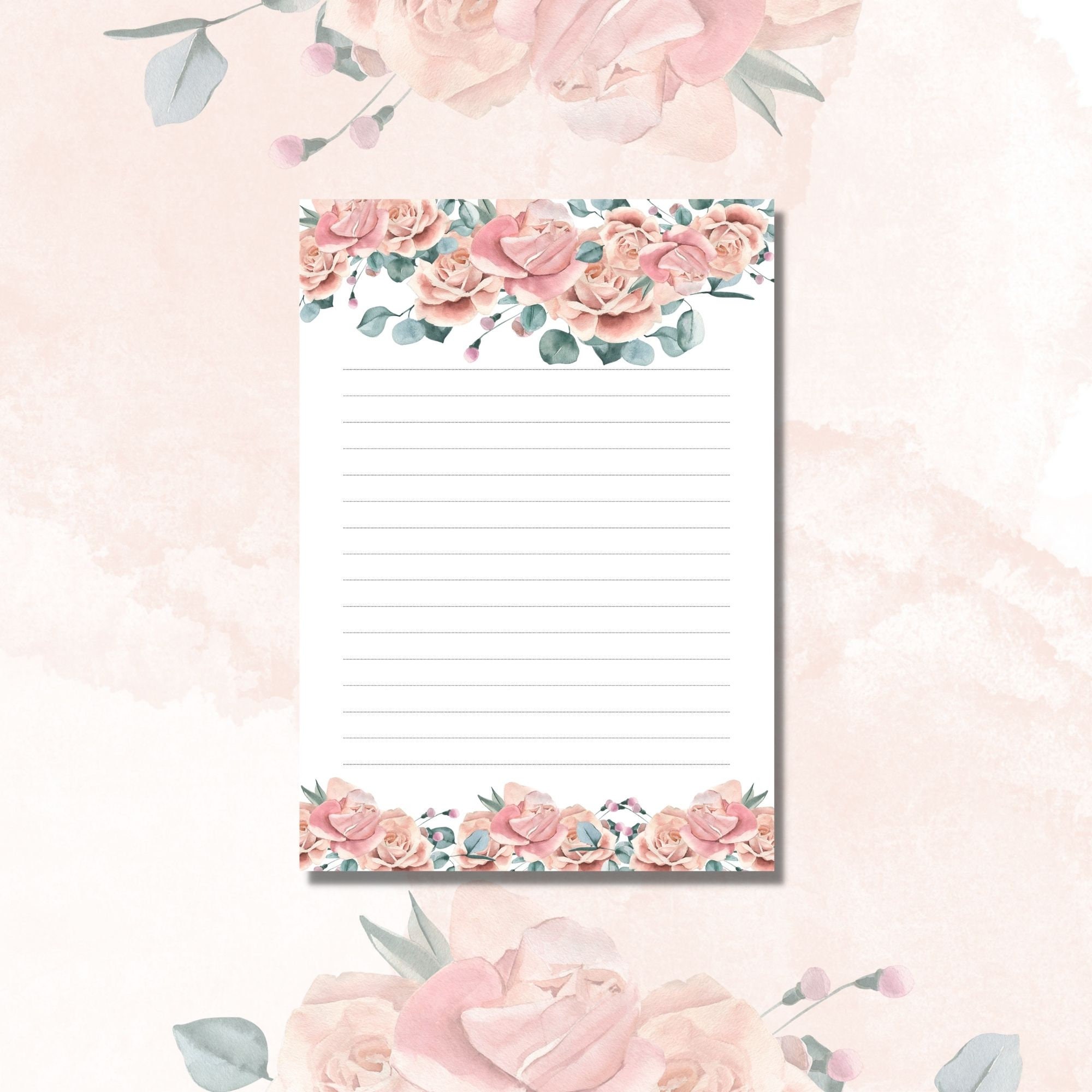 Pink Rose Printable Stationery, Printable Note Paper, Writing Paper ...