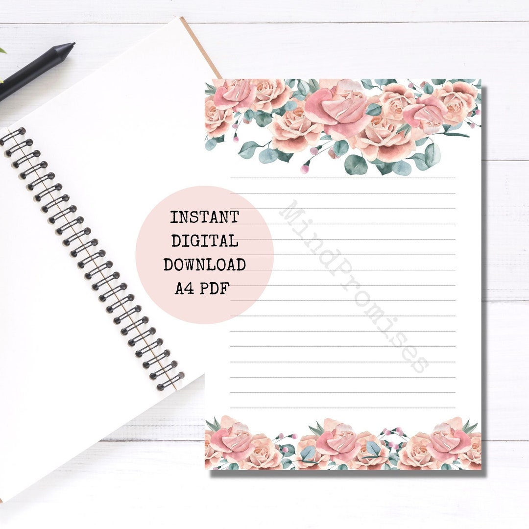 Pink Rose Printable Stationery, Printable Note Paper, Writing Paper ...