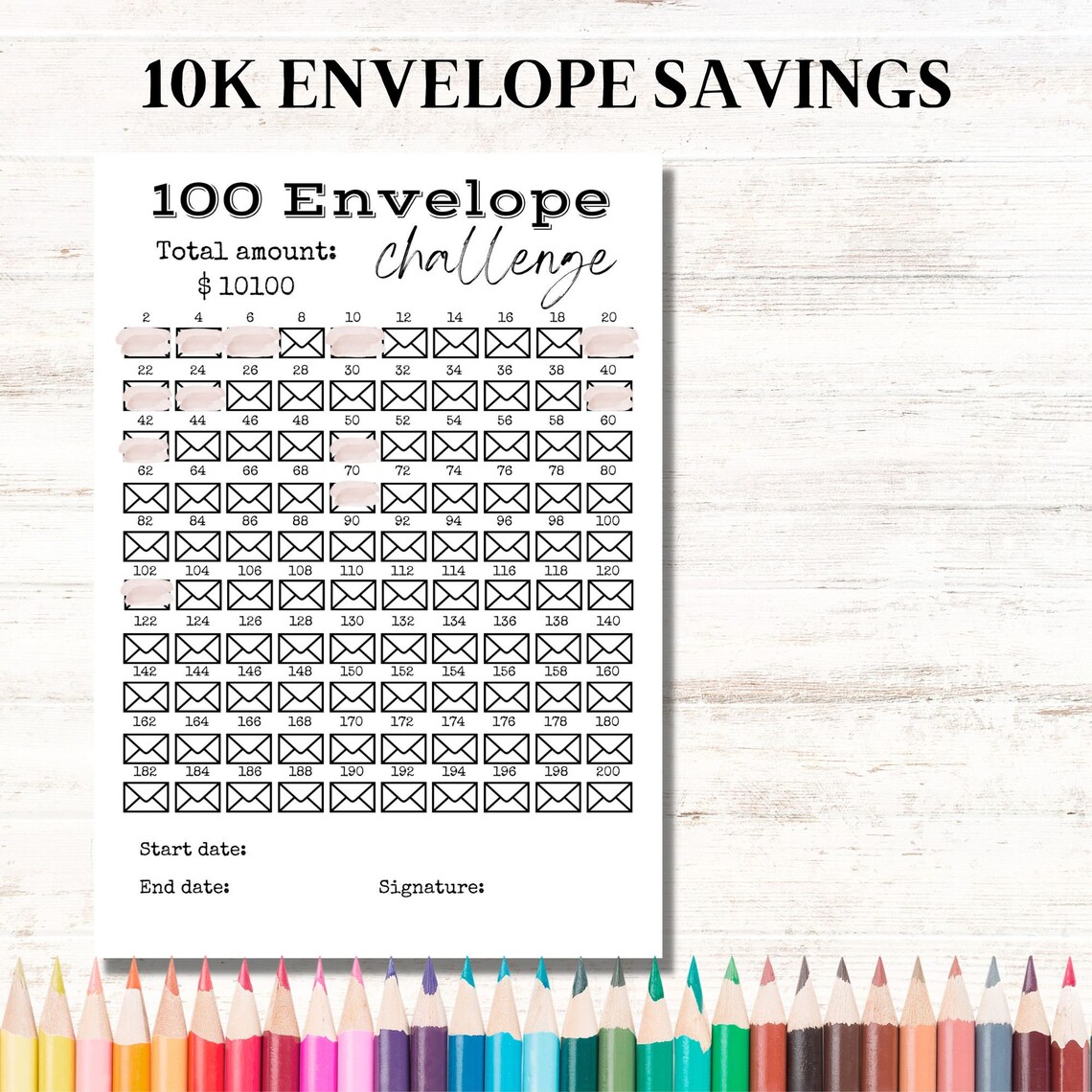 10k Printable 100 Envelope Savings Challenge Tracker - Etsy