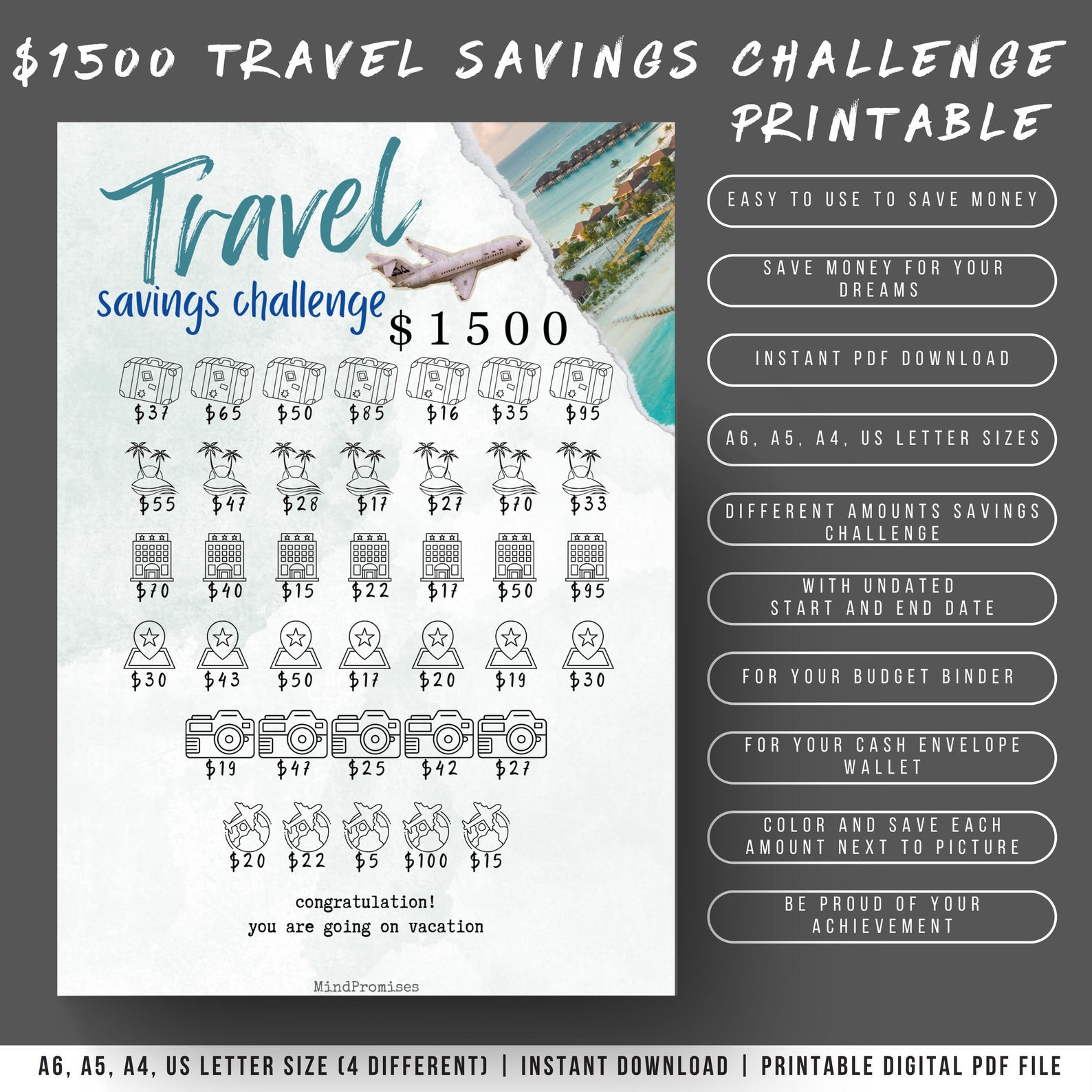 Travel Savings Challenge Printable Bundle, Vacation Fund Tracker (PDF ...