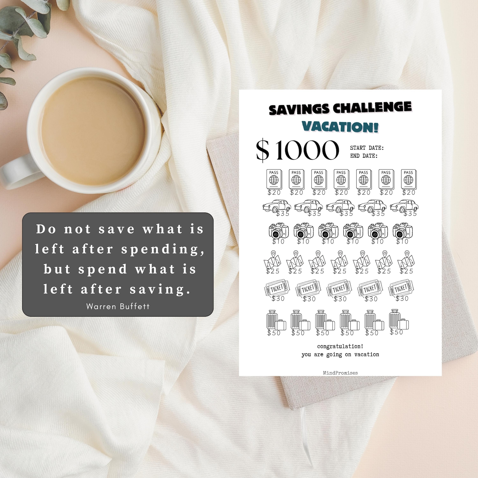 Travel Savings Challenge Printable Bundle, Vacation Fund Tracker (PDF ...
