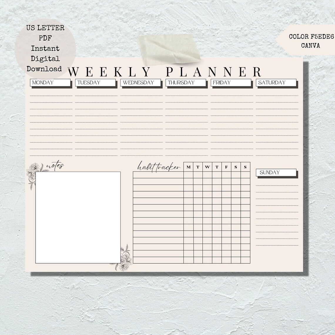 Weekly Planner Printable Digital Undated US Letter PDF - Etsy