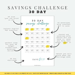 30 Day Savings Challenge Printable, Personal Finance, A6 Savings ...