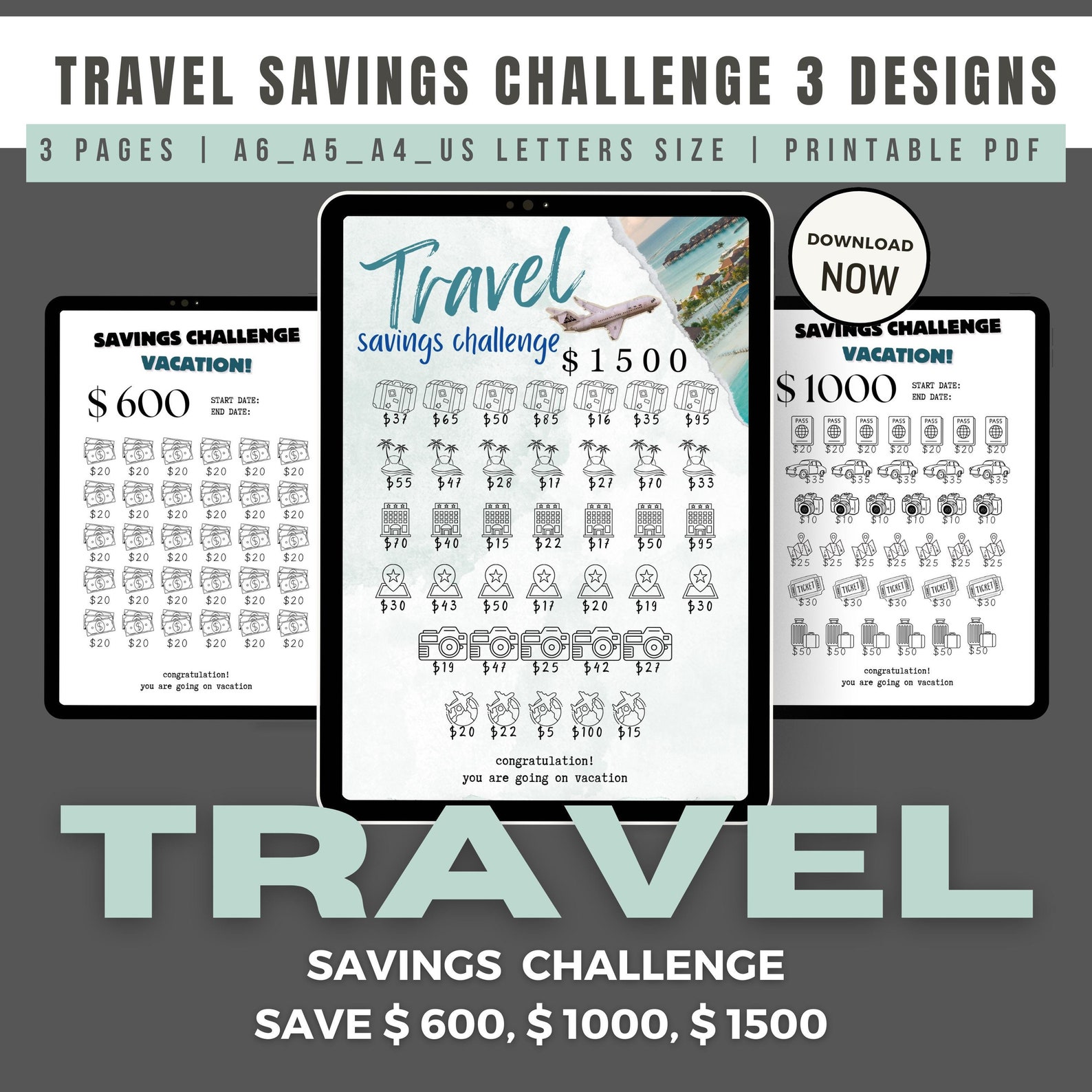 Travel Savings Challenge Printable Bundle, Vacation Fund Tracker (PDF ...