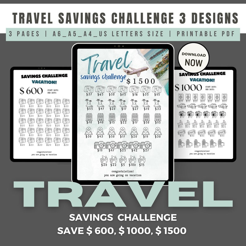 Travel Savings Challenge Printable Bundle, Vacation Fund Tracker (PDF ...