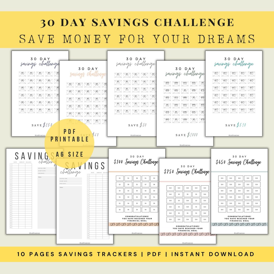 30 Day Savings Challenge Printable, Personal Finance, A6 Savings ...