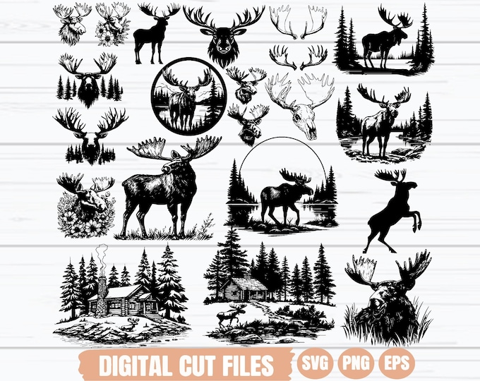 Detailed Moose Svg File Cricut, Moose Silhouette With Forest, Mountain ...