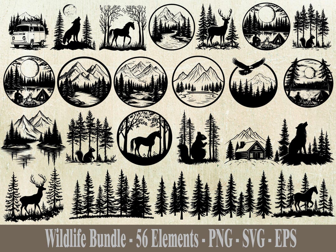 Forest Landscape Svg Bundle, Forest Scene Svg, Animal Silhouette ...