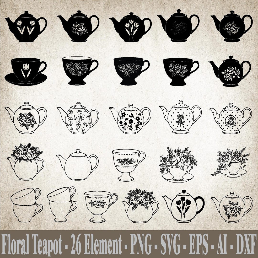 Floral Teapot SVG, Tea Cup SVG, Floral Tea Set SVG Bundle, Vintage ...