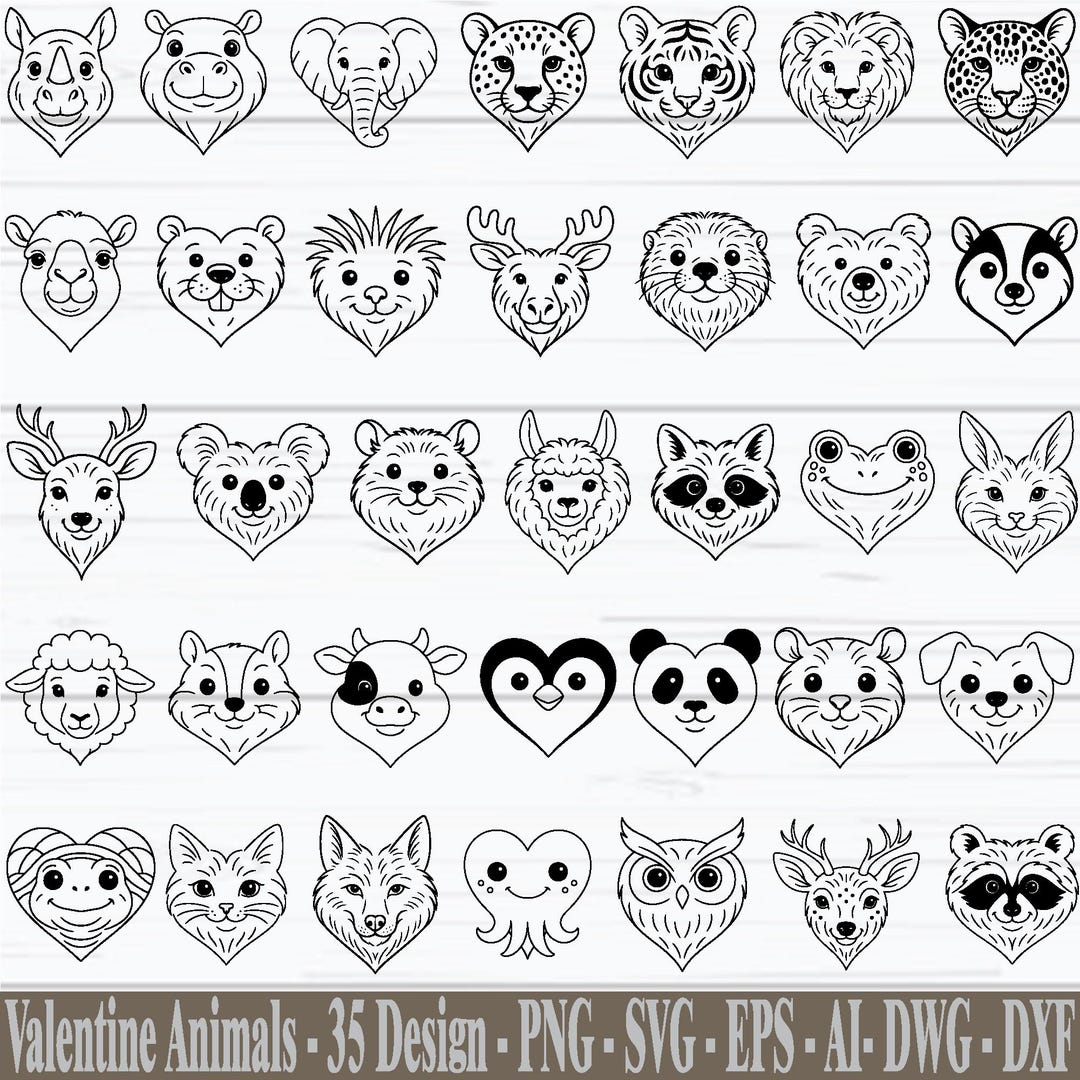 Valentine Animals SVG Bundle, Heart Shaped Animals SVG, Animal Face Svg ...