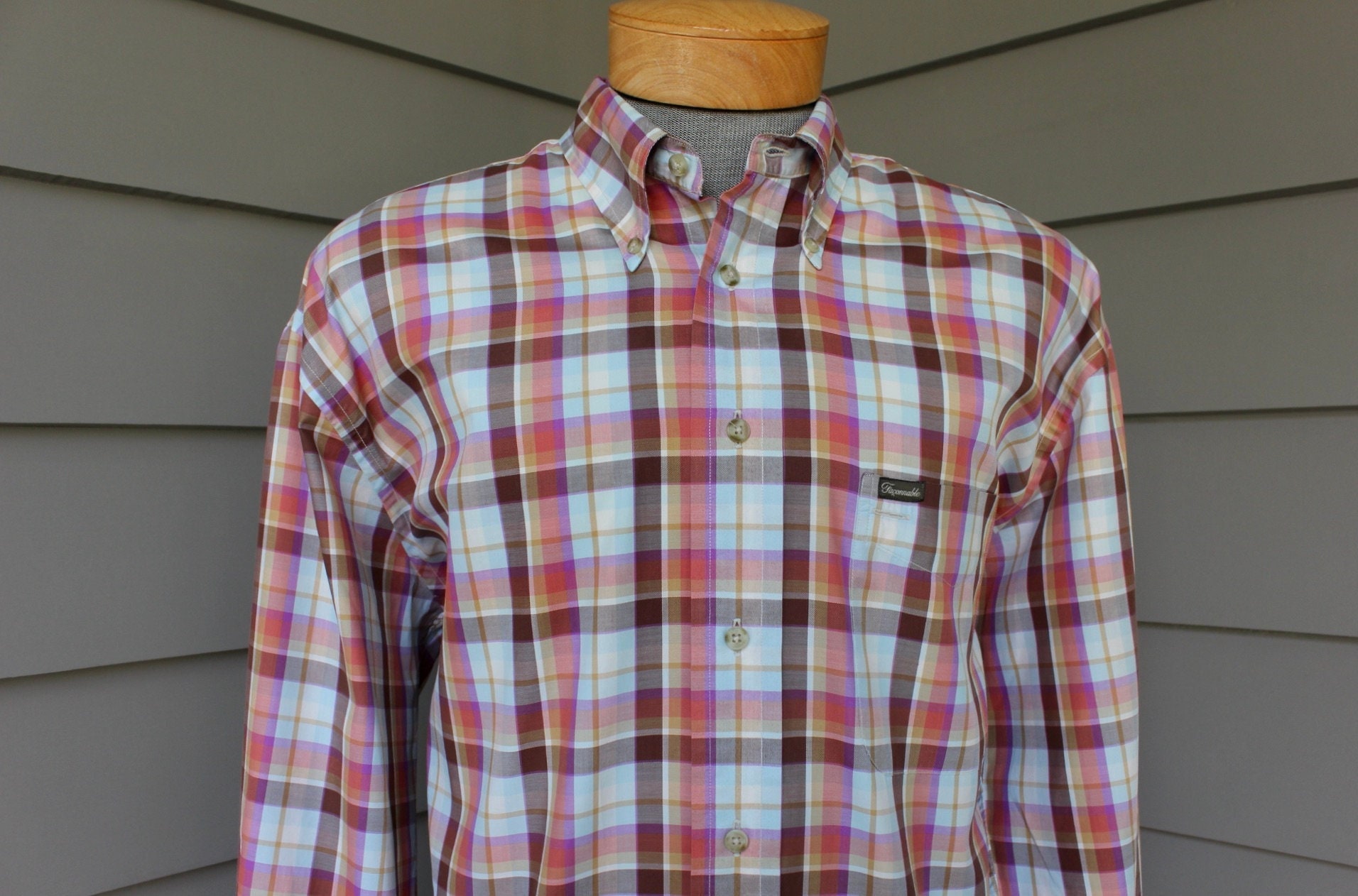StyleStashDeLuxe Vintage Faconnable Men s Long Sleeve Shirt. 3 Button Collar Locker Loop. All Cotton Multi Color Plaid. Extra Large. Made in USA