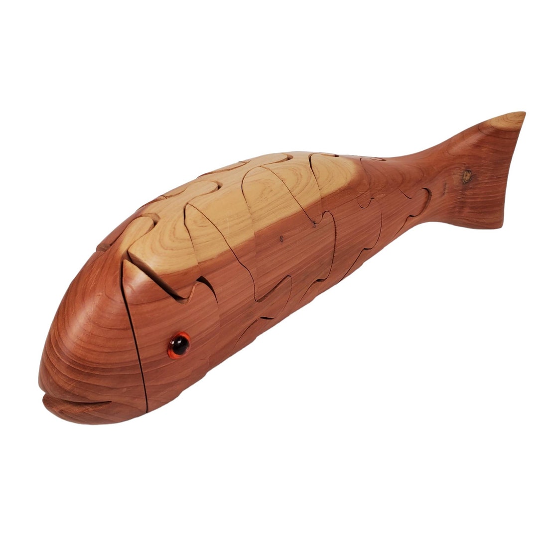 Hand Carved Wood Puzzle Fish Bass Sculpture Man Cave Cottage Fly ...