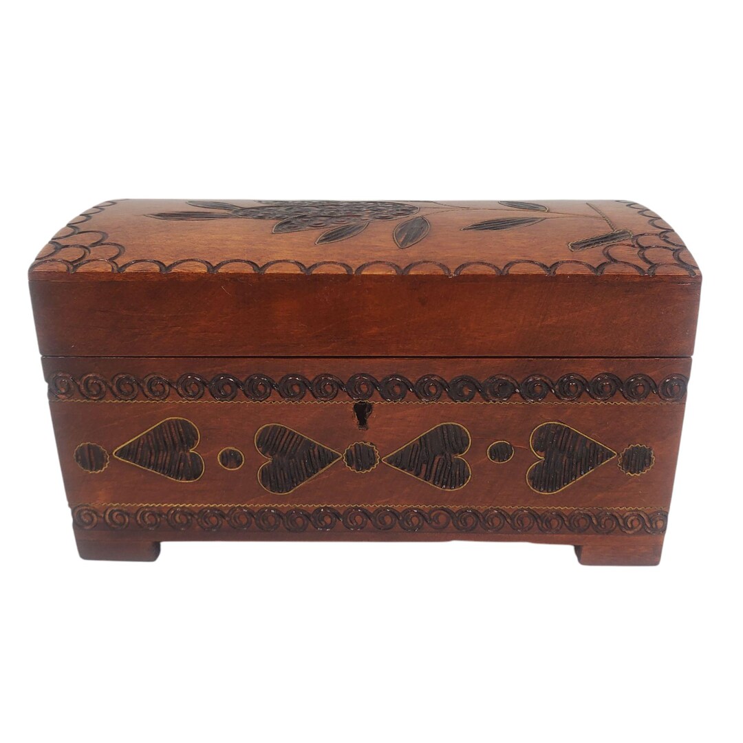 Vintage Polish Folk Art Wood Jewelry Box Trinket Keepsake Hearts ...