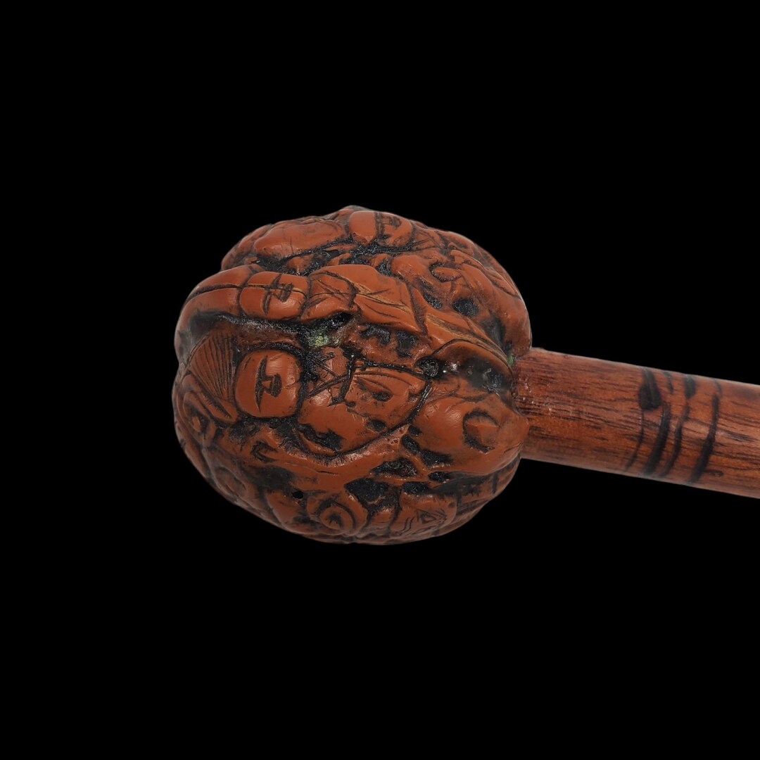 Vintage Hediao Hand Carved Walnut Shell Walking Stick Cane Monks Tiger ...